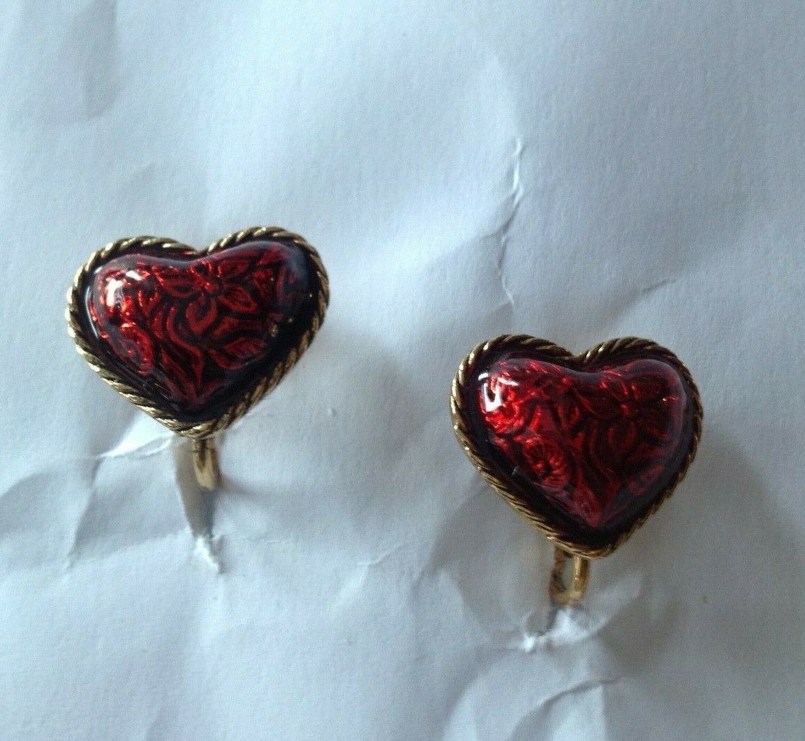 Avon Enamel Red Heart Rose Clip On Earrings