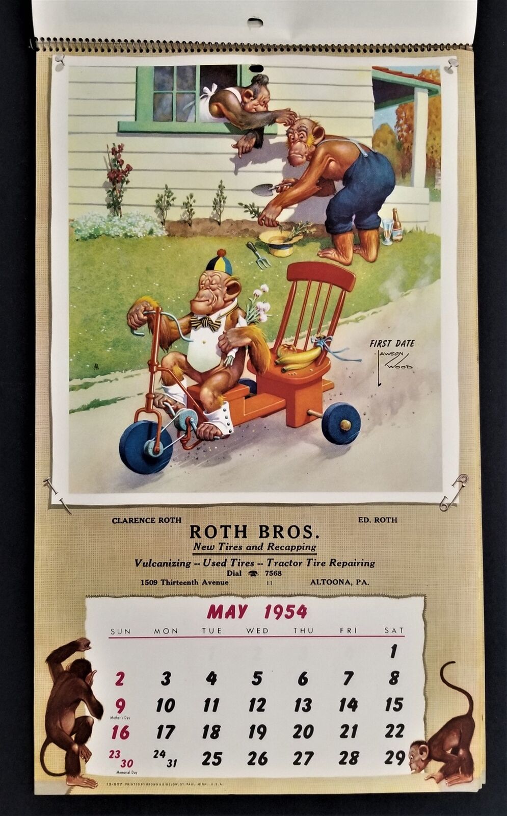 1954 antique LAWSON WOOD MONKEY wall CALENDAR altoona pa ROTH BROS ...