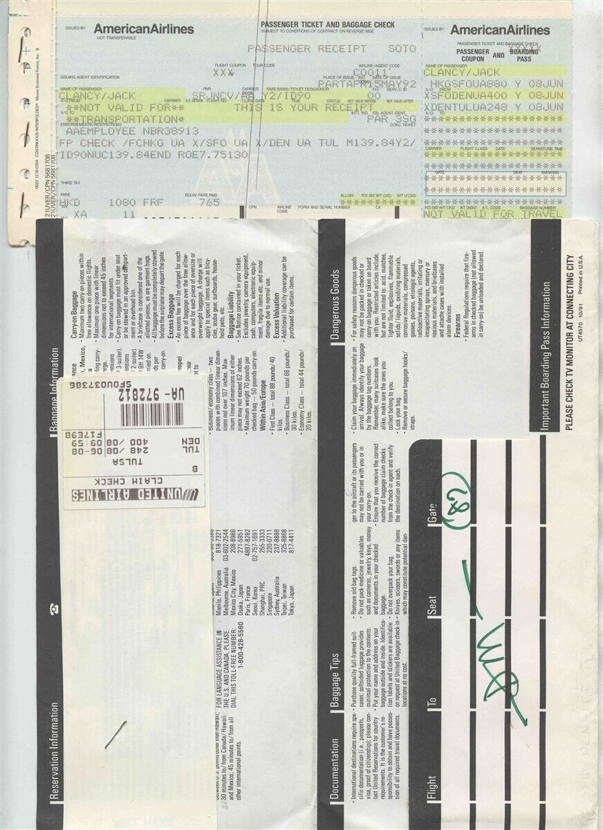United Airlines Ticket Jacket Ticket 3 Boarding Passes & 2 Claim Checks ...