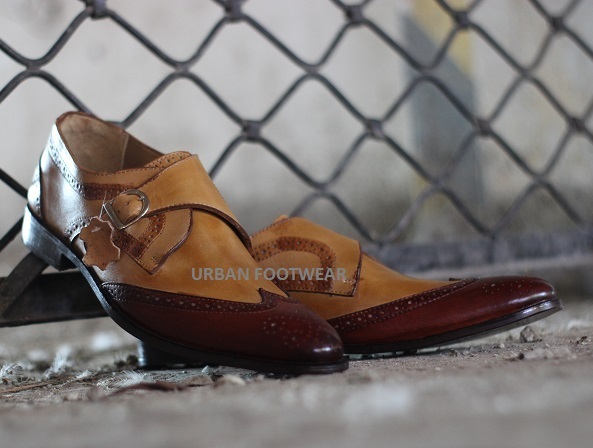 New Handmade Men's Dual Tone Tan Brown Leather & Maroon color Wing Tip ...