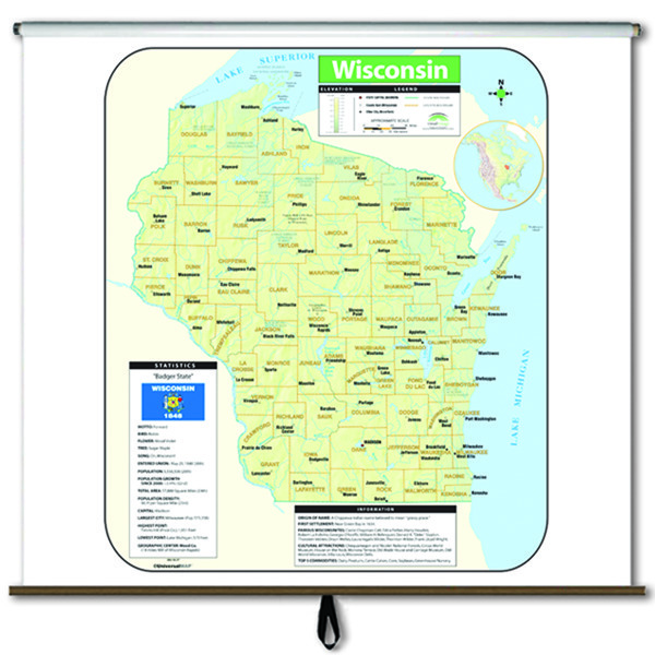 Wisconsin Large Scale Shaded Relief Wall Map on Roller - Maps & Atlases