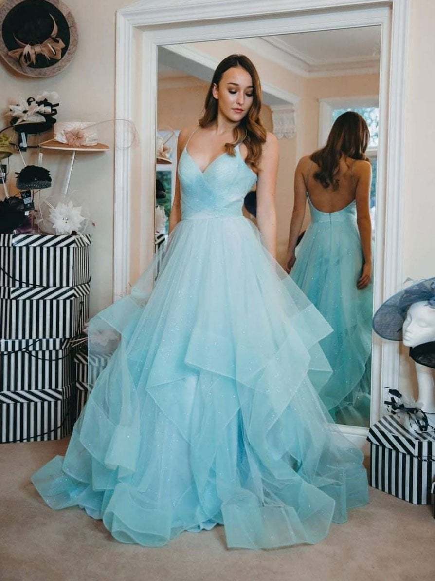 Simple blue tulle long prom dress, tulle formal dress - Dresses