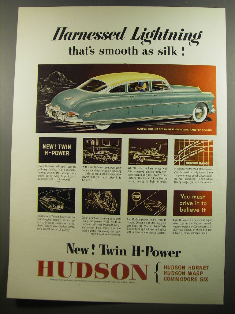 1952 Hudson Hornet Sedan Ad - Harnessed Lightning that's smooth as silk ...