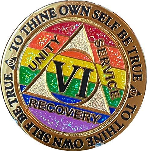 6 Year AA Medallion Reflex Rainbow Glitter and Gold Plated Sobriety ...
