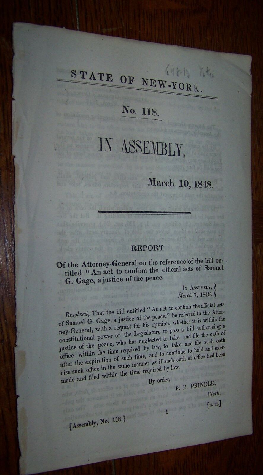 1848 BENTON NY JUSTICE OF PEACE JUDGE SAMUEL GAGE LAW BILL LEGAL ...