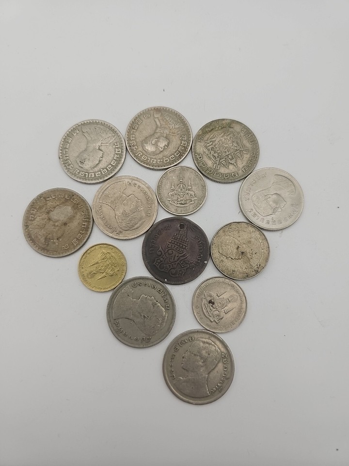 12 old x Thai coins 2 att 1882, 1 bath 1962, 1972 1 bath King Rama, 2 ...