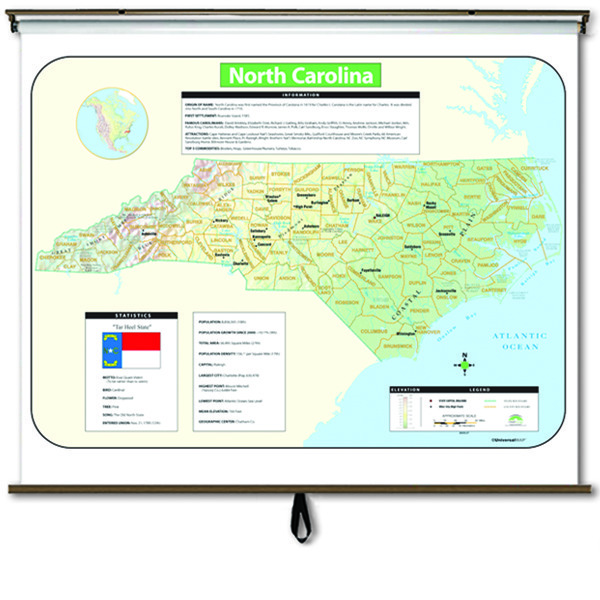 North Carolina Large Scale Shaded Relief Wall Map on Roller with ...