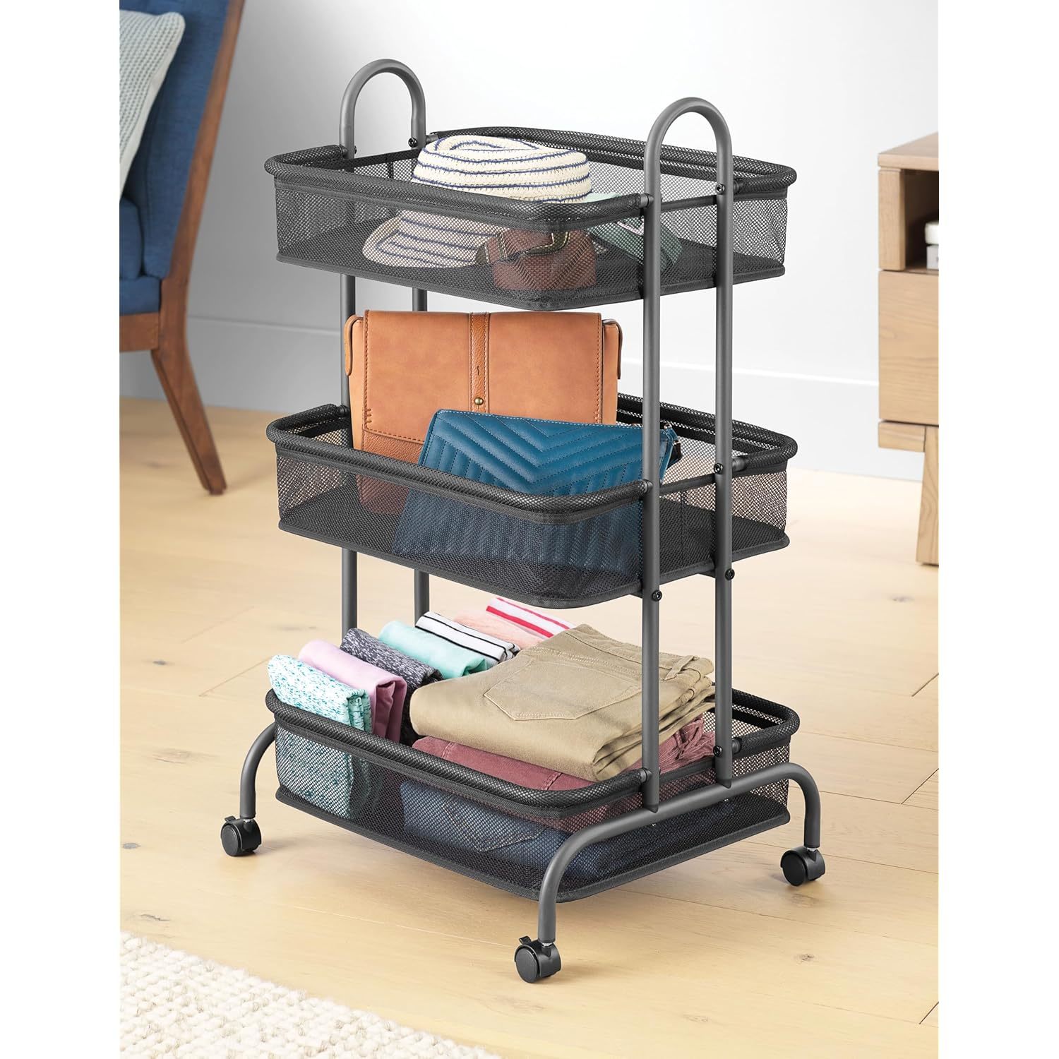 Whitmor Storage Cart Metal 3 Tier Rolling Cart with Wheels, Utility ...
