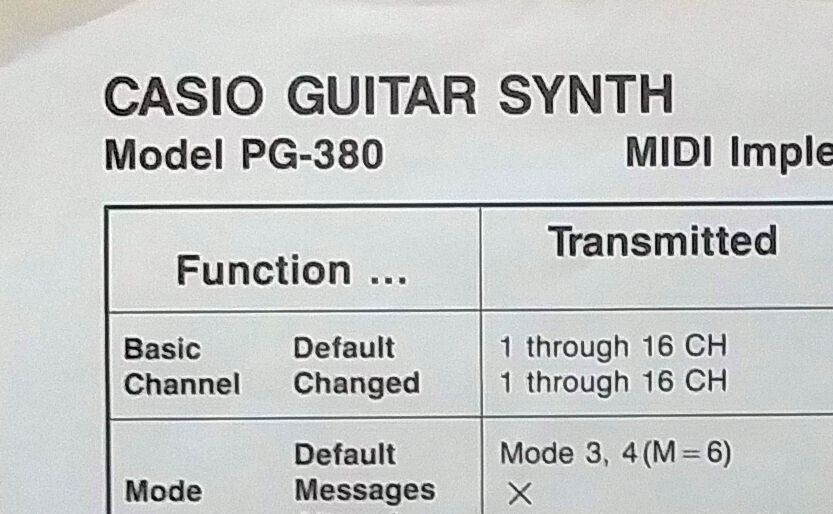 Casio Original MIDI Implementation Chart Sheet for the PG-380 Guitar ...