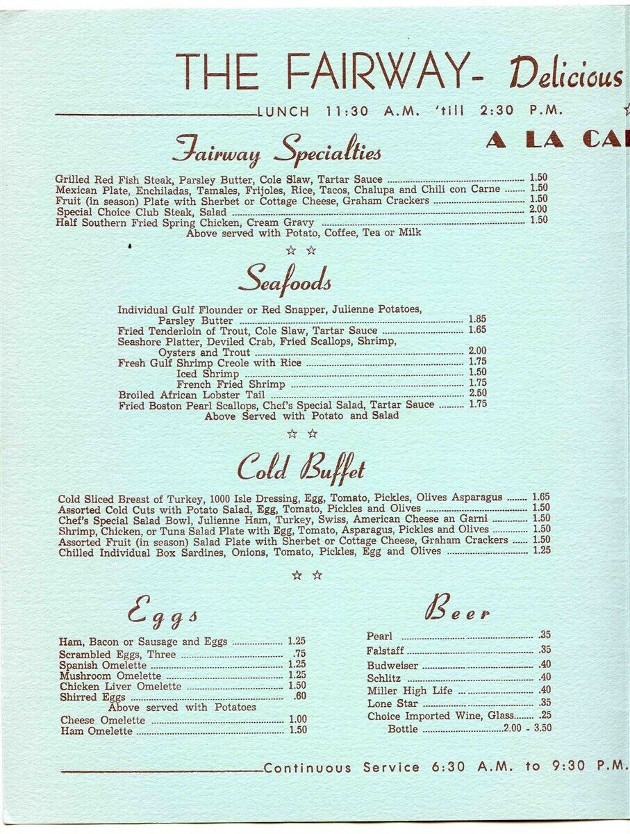 Fairway Motor Hotel Dinner Menu McAllen Texas 1950's - Menus