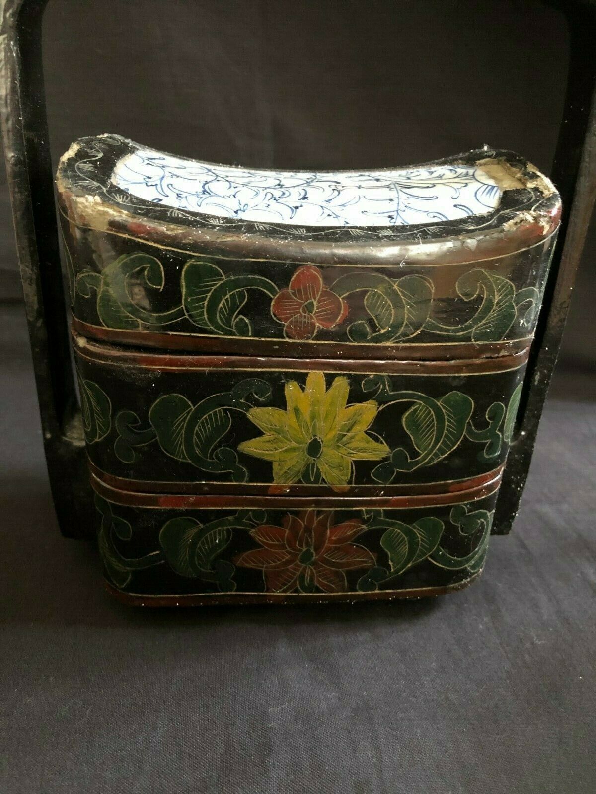 Antique Chinese Food Container Oblong Box Laquered Blue White Porcelain ...