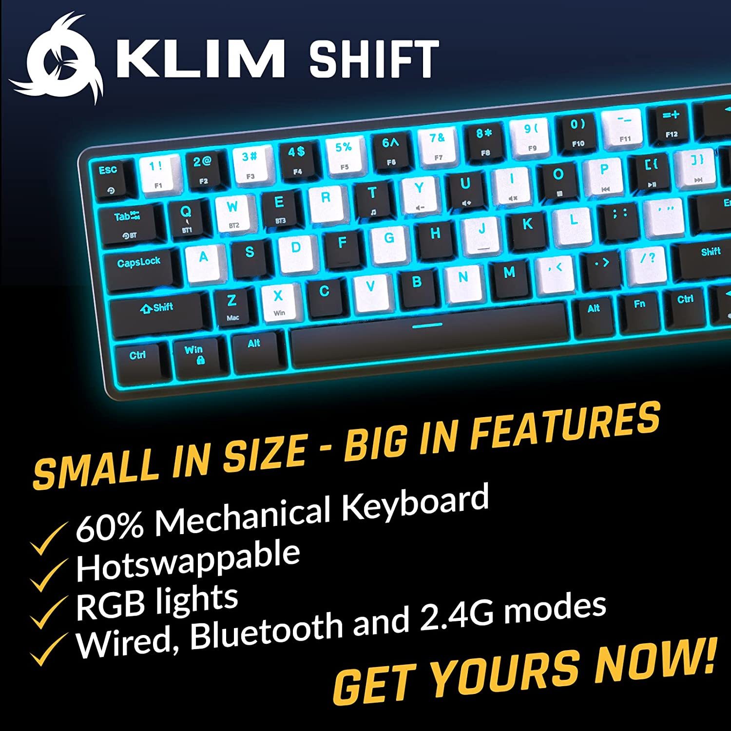 KLIM Shift Wireless Mechanical Keyboard 60% + New 2022 + Hotswap, RGB ...