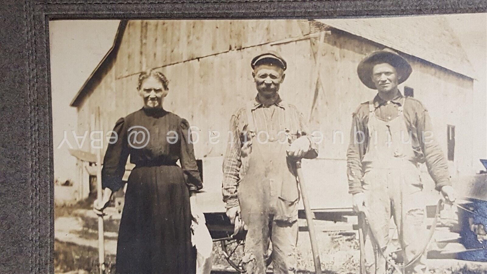 1800s antique PHOTOGRAPH FARMERS MA PA SON barn farm tools rake ...