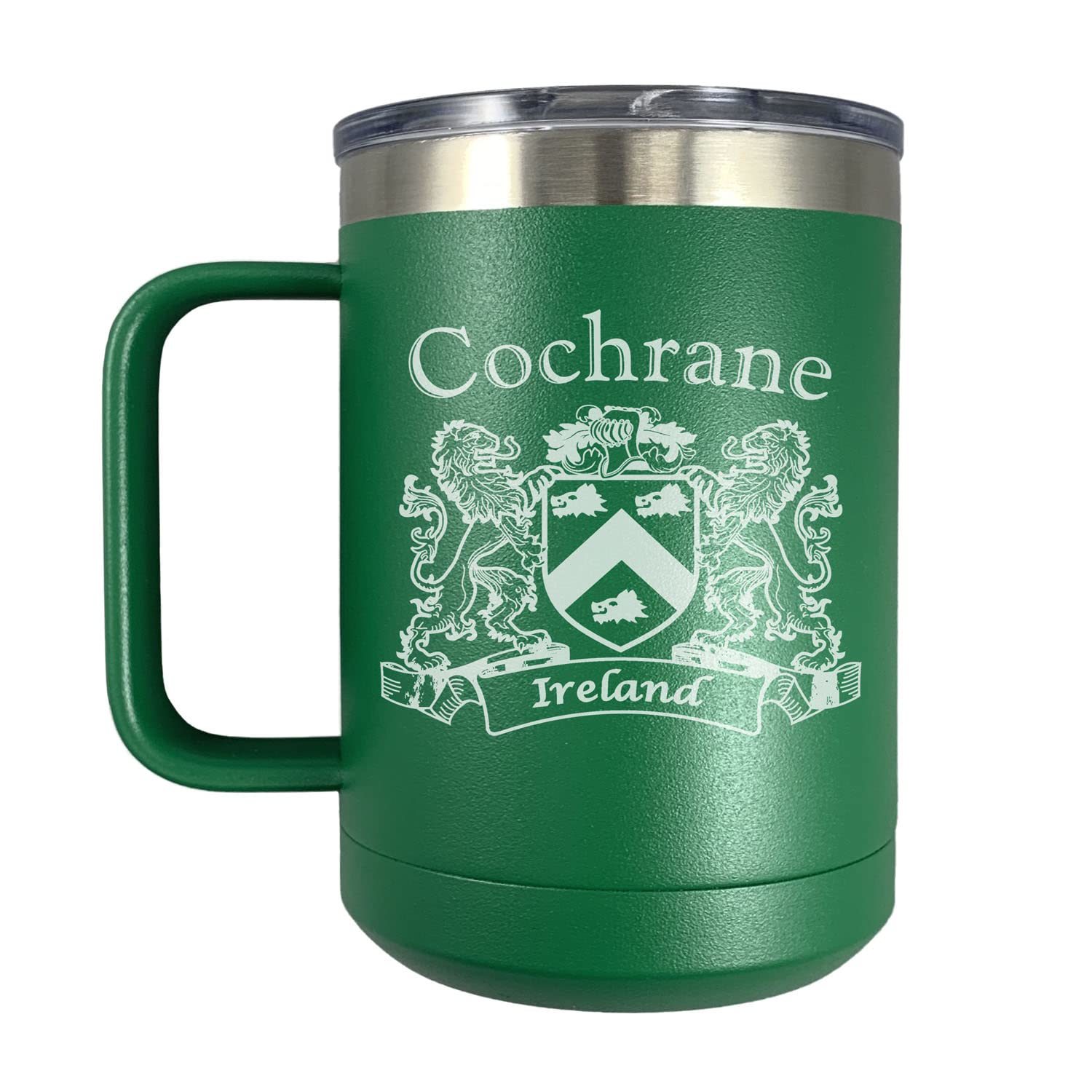 Cochrane Irish Coat of Arms Stainless Steel Green Travel Mug with ...