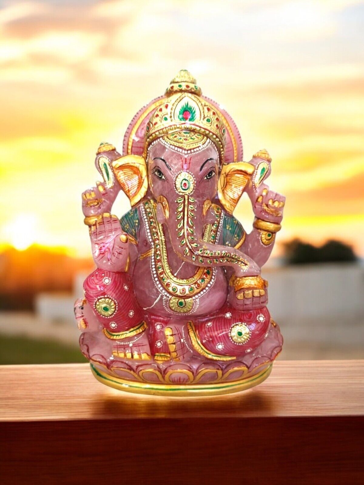 Rose Quartz Stone Ganesh Statue Hand Painted Sculptures Hindu God ...