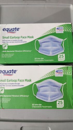 (2) Boxes Equate Small Earloop Face Mask 25ct All One Size Disposable ...