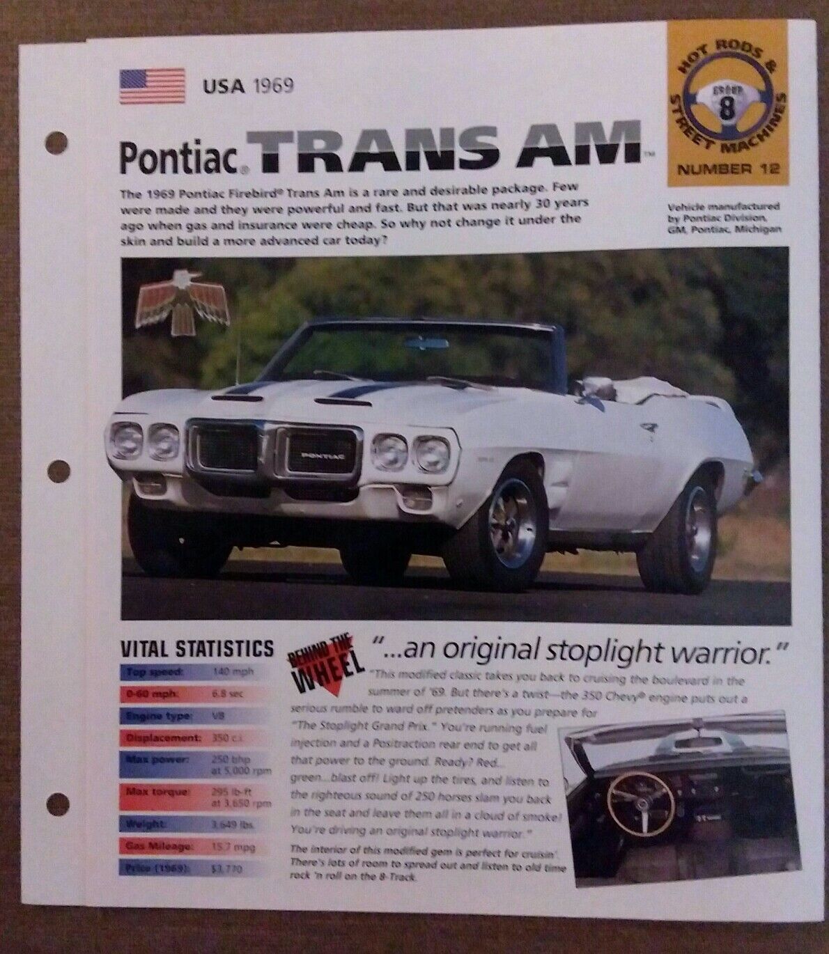 Pontiac Trans Am SPECIFICATION SHEET Brochure Pamphlet 1969 Spec ...
