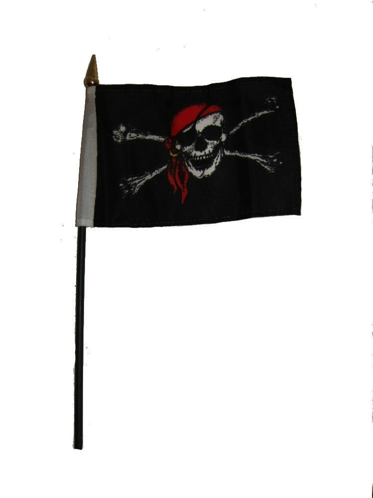 Jolly Roger Pirate Red Hat Flag 4"x6" Desk Set Table Stick Black Base ...