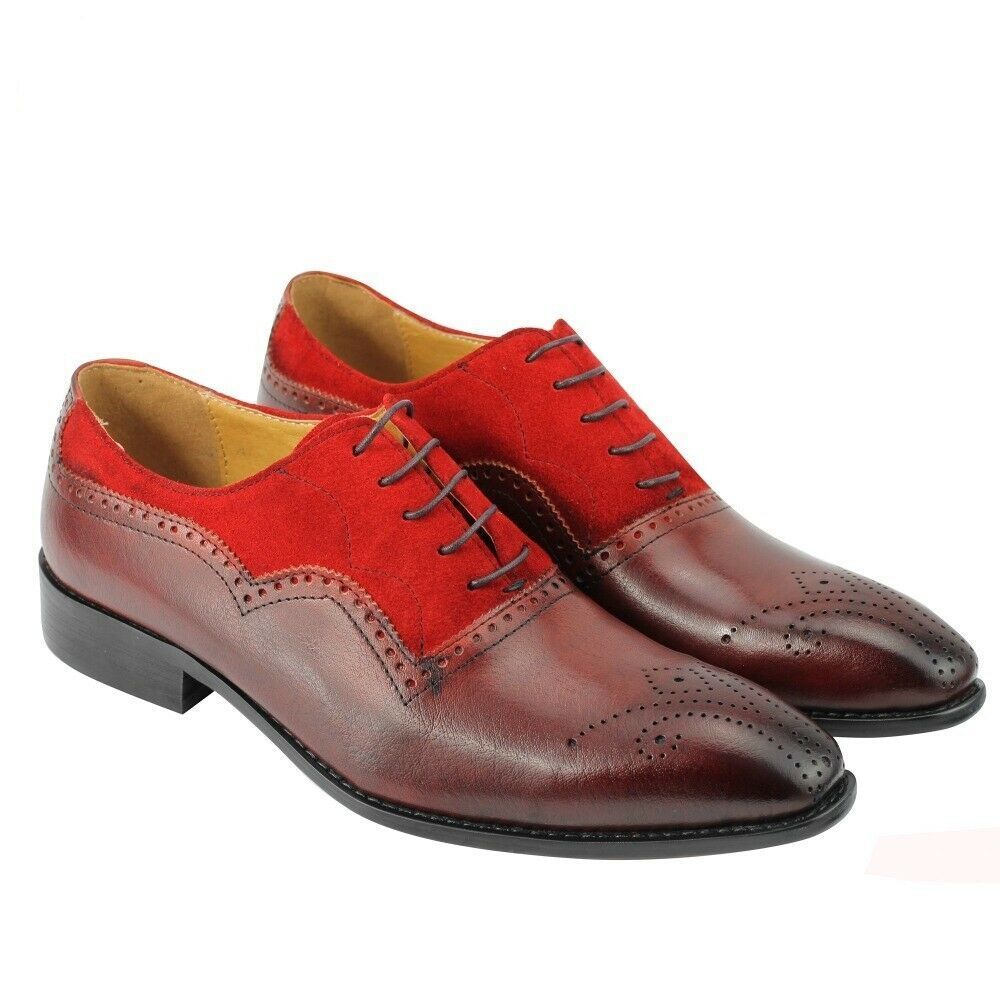 Men Red Suede Maroon Burnished Brogue Toe Handmade Premium Leather ...