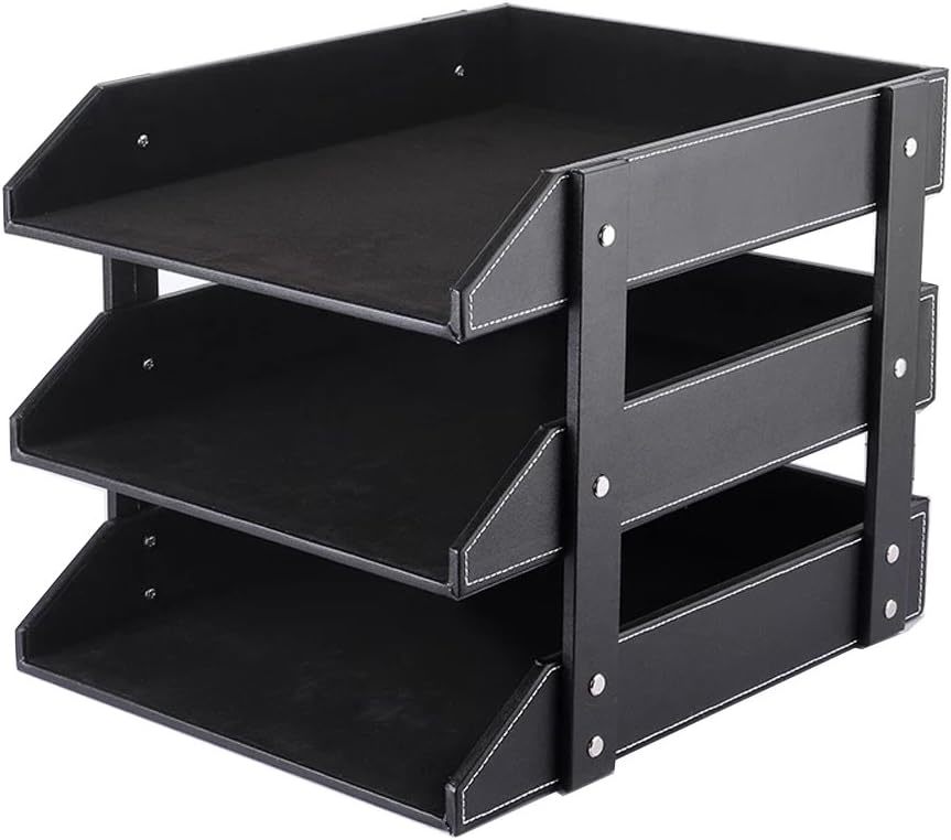 Black Faux Leather Desktop File Sorter Organizer Tray, 3-Layer ...