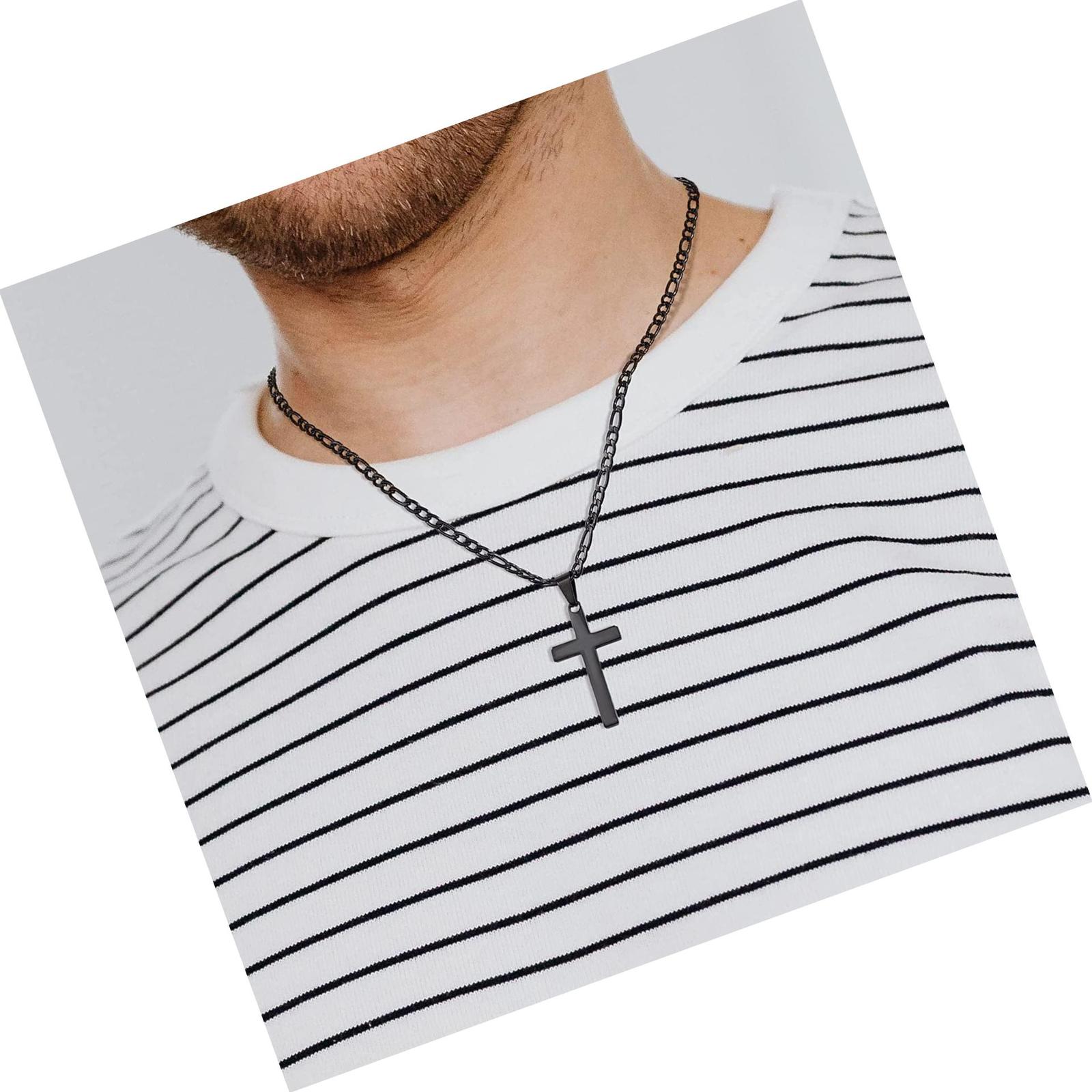 Stainless Steel Cross Necklaces for Men Figaro Chain Black - Keychains
