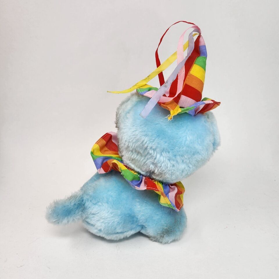 VINTAGE BLUE TEDDY BEAR RAINBOW HAT + COLLAR STUFFED ANIMAL PLUSH TOY ...