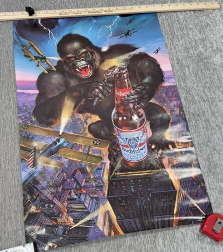 Vintage Budweiser Poster King Kong Fight Longneck Bar Mancave 1985 ...