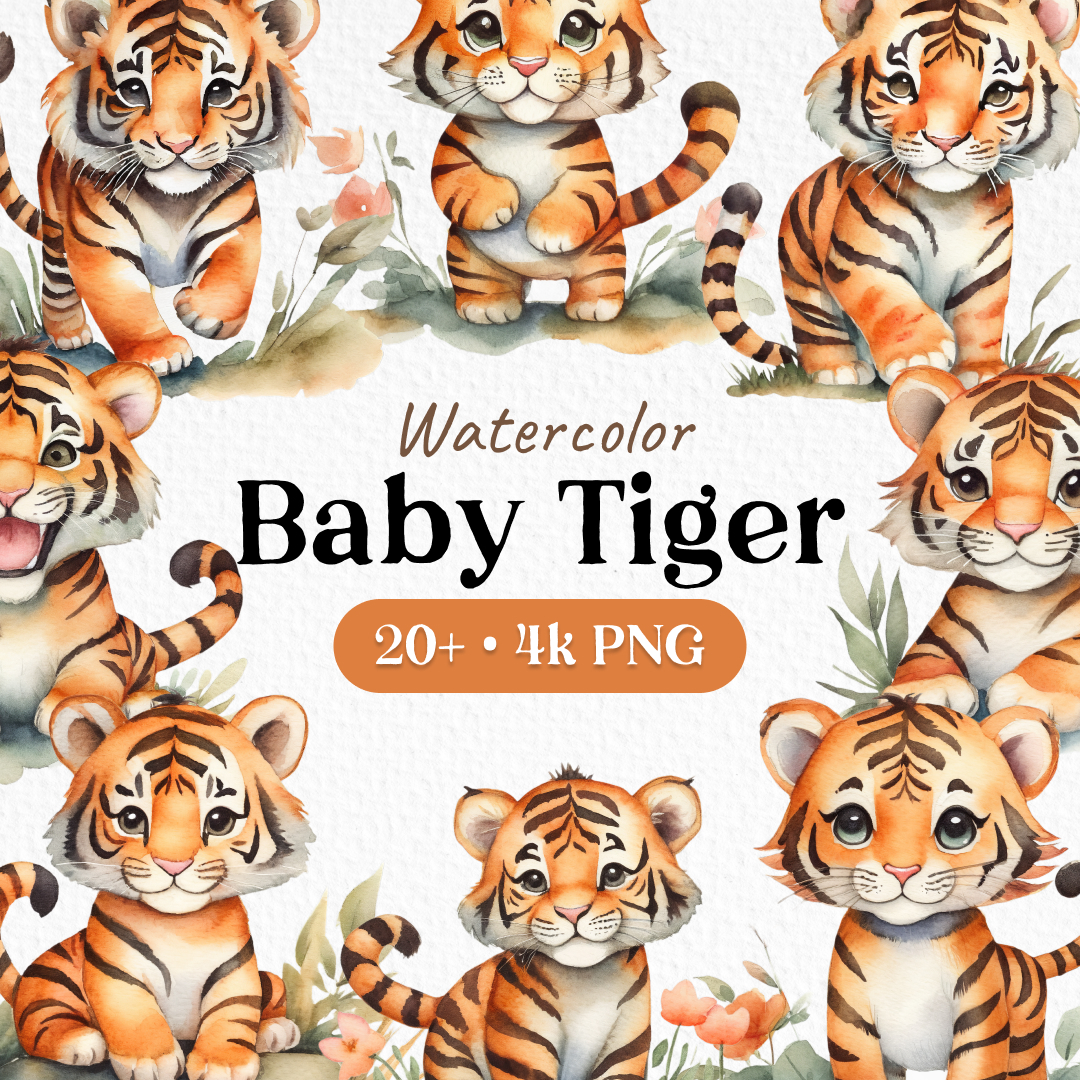 Watercolor Bundle Cute Baby Tiger Clipart PNG and 50 similar items