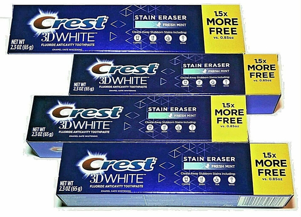 (LOT 4) Crest 3D White Stain Eraser Whitening Toothpaste Fresh Mint 2.3 ...
