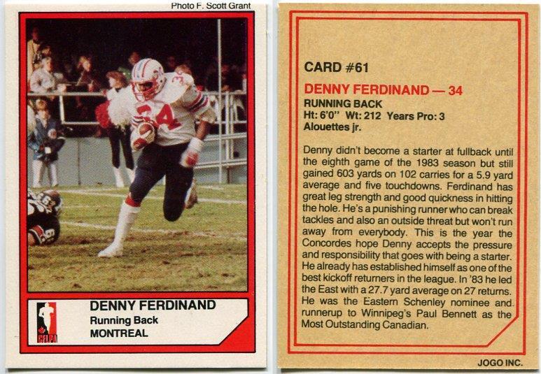 1984 Jogo Denny Ferdinand Card #61 Montreal Concorde Alouettes jr ...