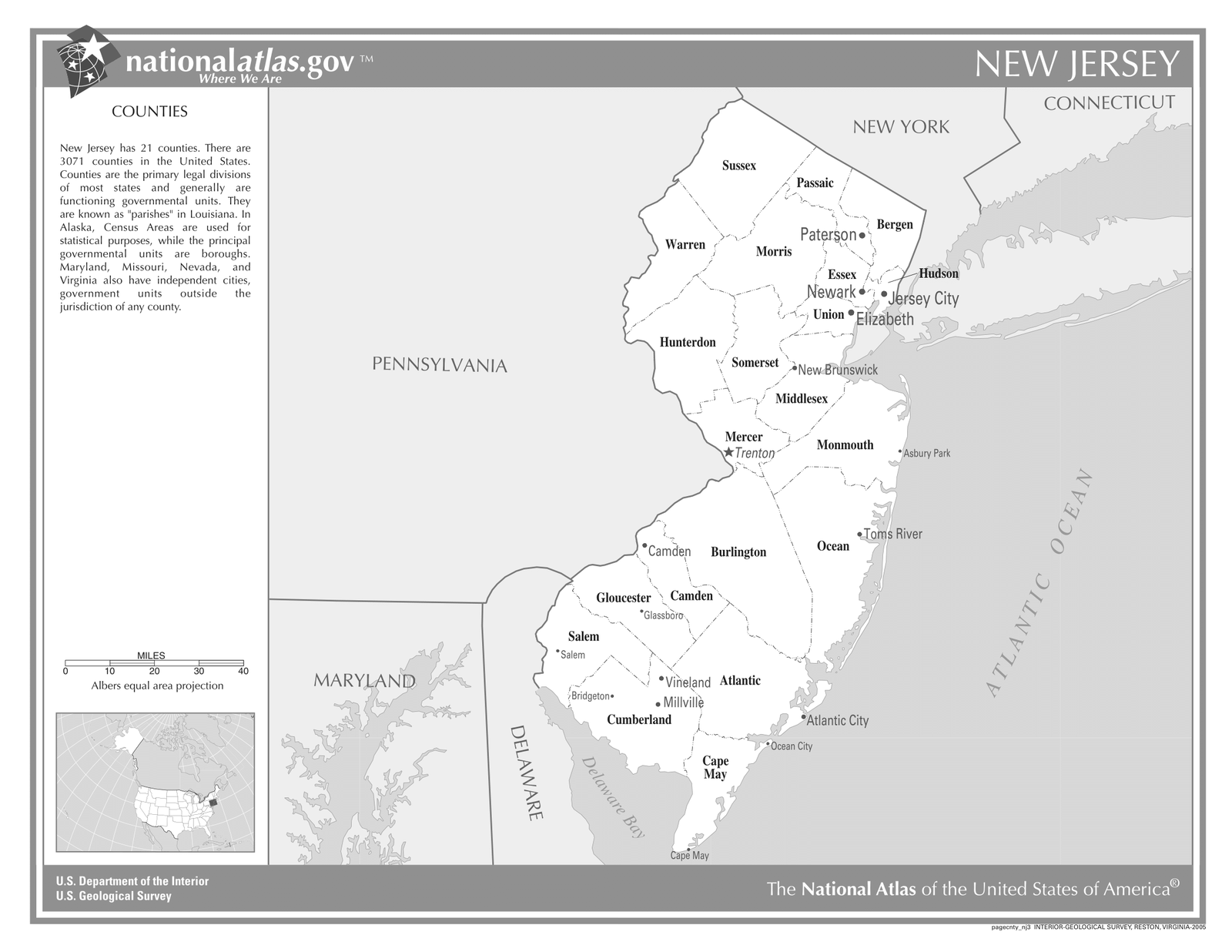 New Jersey State Counties w/Cities (Black&White) Laminated Wall Map ...