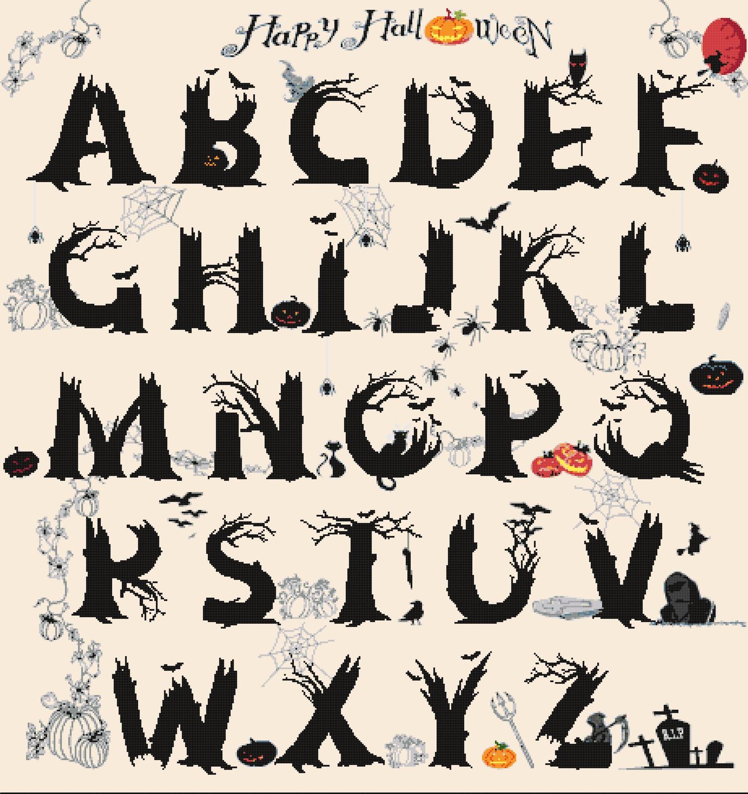 counted cross stitch pattern halloween ABC alphabet 461*489 stitches ...