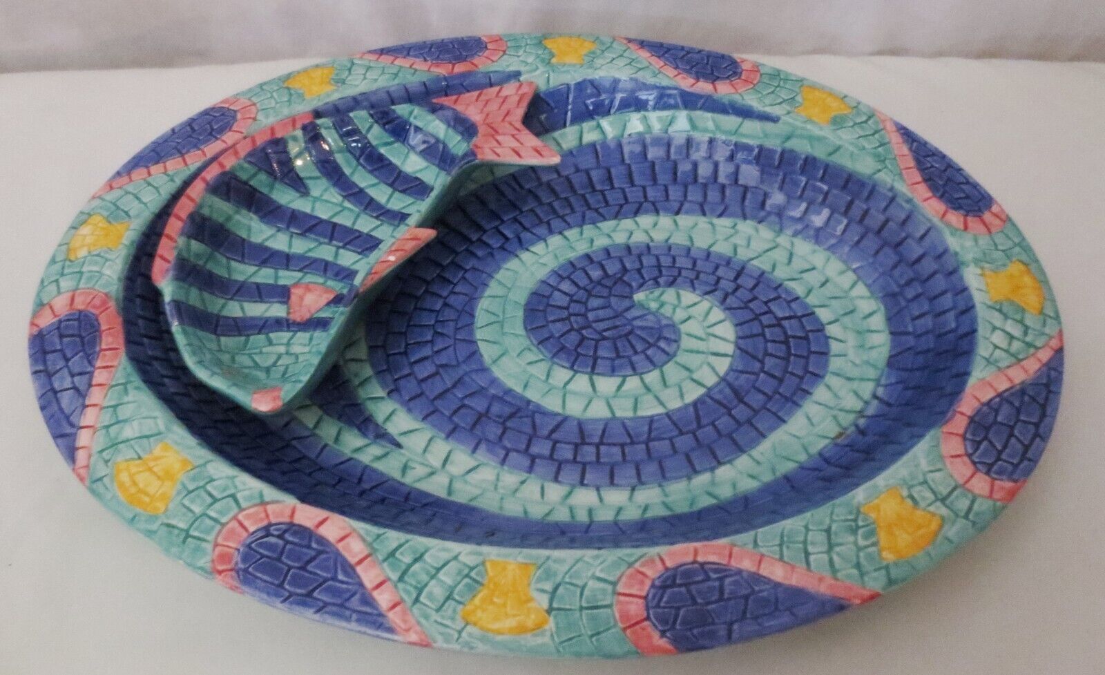 Vintage Clay Art 1995 Mosaic Fish Hand Painted Chip & Dip Set. - Platters