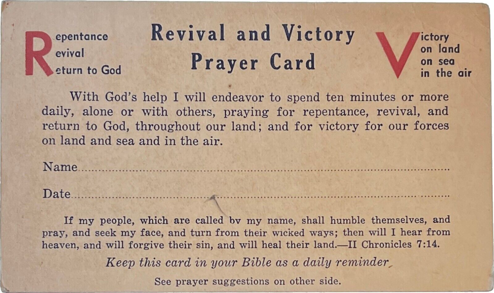 Revival and Victory Prayer Card, vintage - Topographical Postcards
