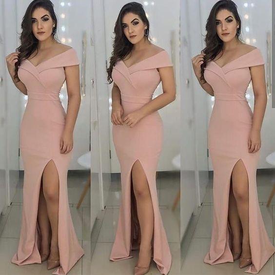 Off-Shoulder Satin Mermaid Long prom Dresses with Front Slit - Dresses