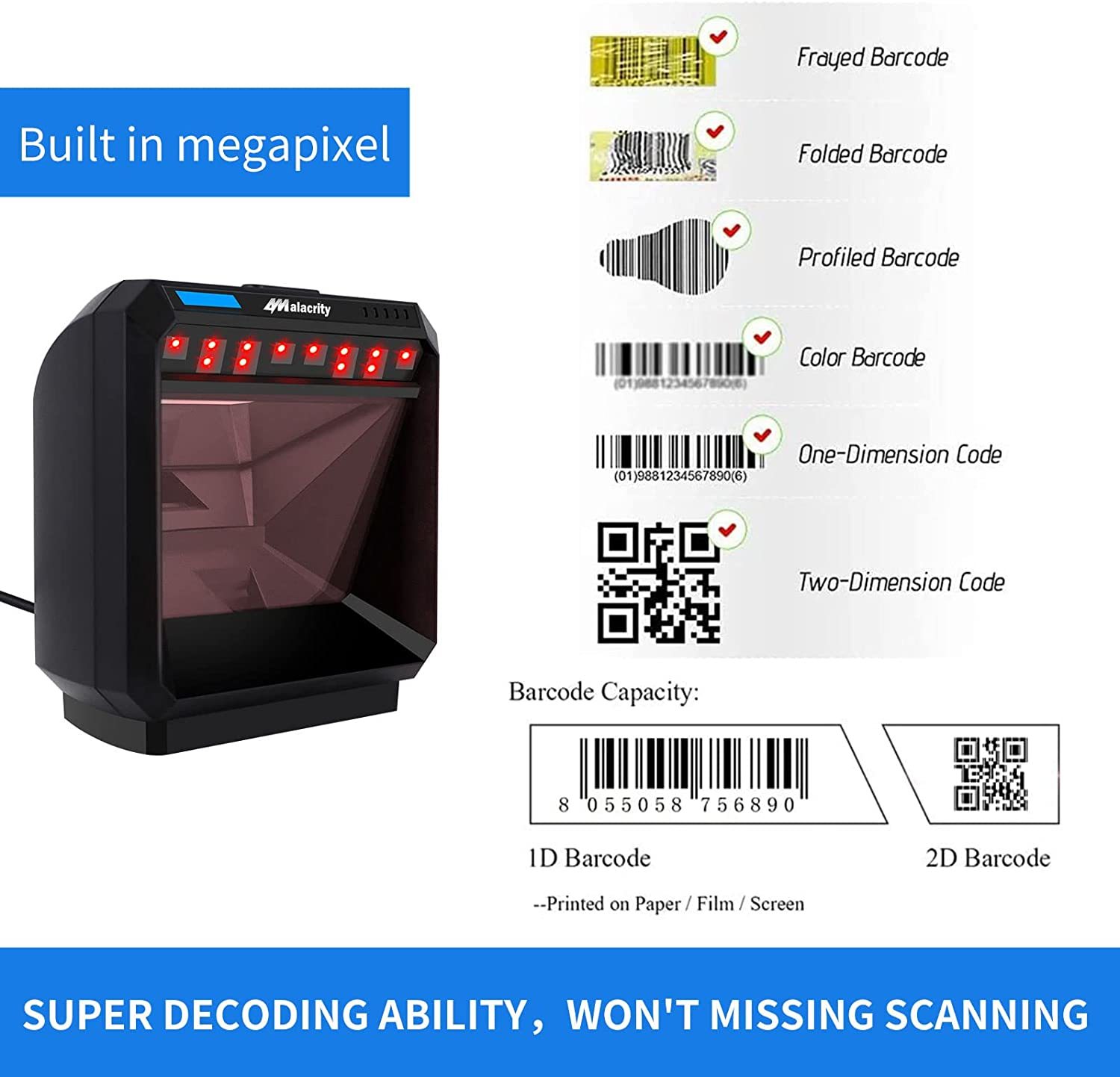 Hands-Free 2D/1D Barcode Scanner, Alacrity Omnidirectional Desktop Bar ...