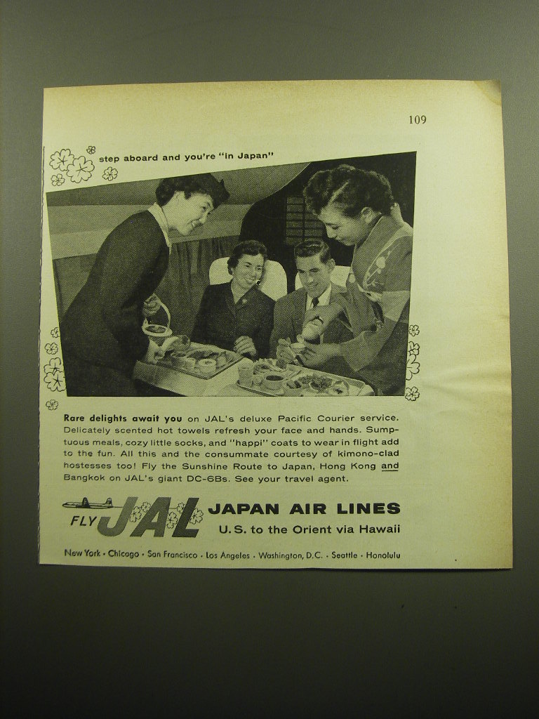 1957 JAL Japan Air Lines Ad - Step aboard and you're in Japan - 1980-89