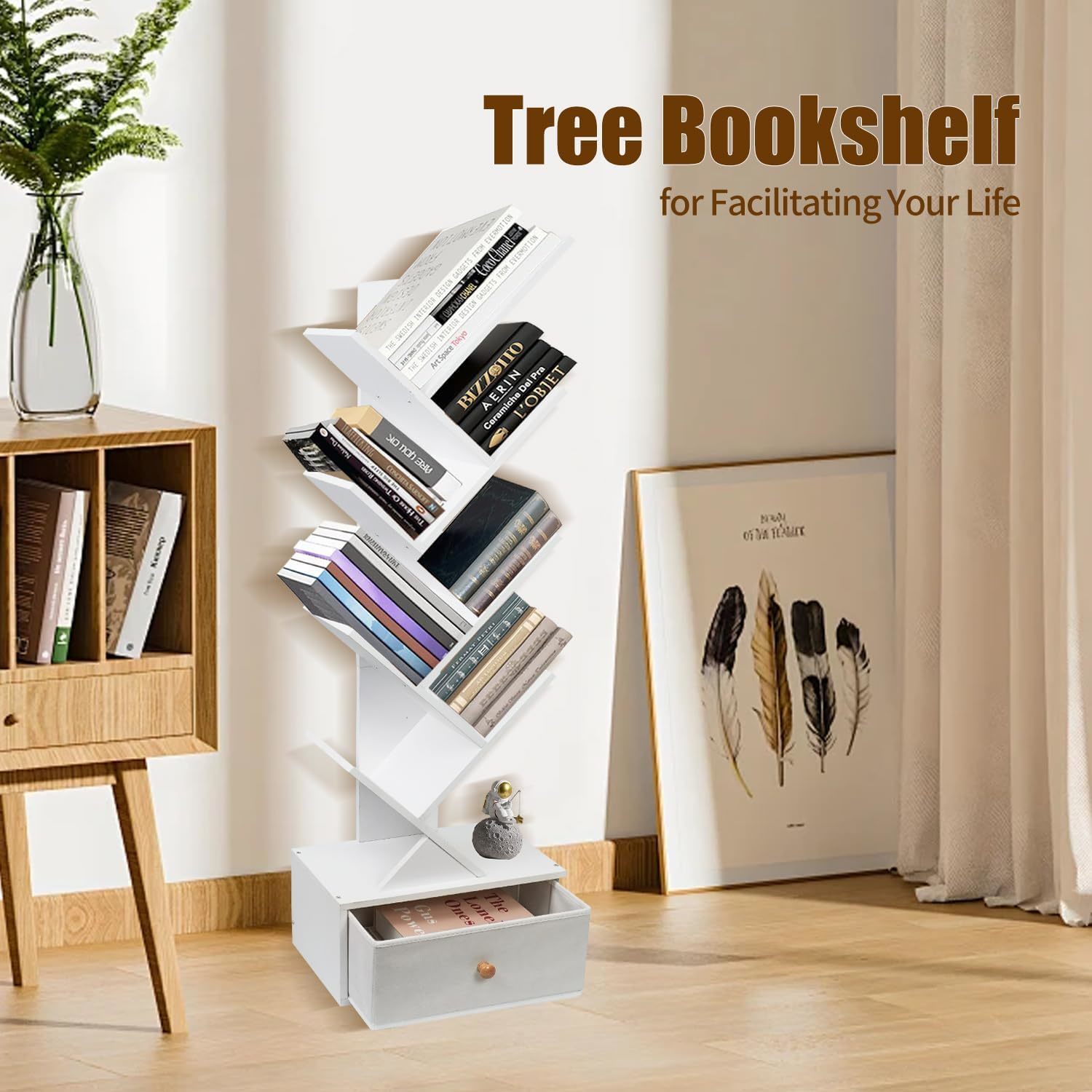 9 Tier Tree Book Shelf With Drawer, Floor Standing Bookshelf Storage ...
