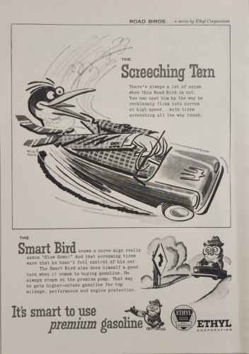 1955 Print Ad Ethyl Antiknock Compound Gasoline Birds Driving Cars ...