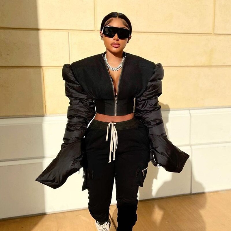 ANJAMANOR Extra Long Sleeve Zip Up Cropped Puffer Jacket Streetwear ...