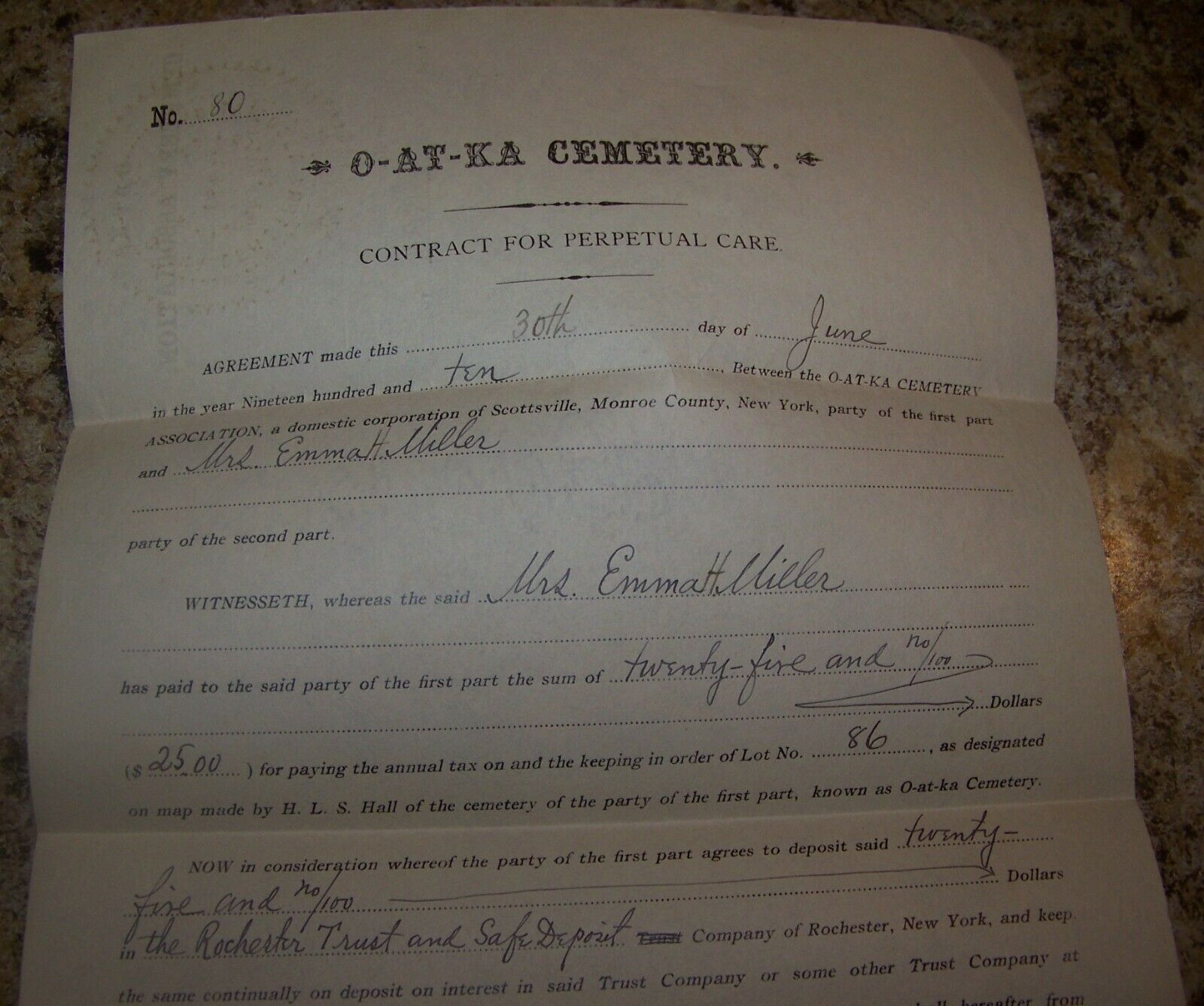 1910 ANTIQUE O-AT-KA CEMETERY CONTRACT FOR PERPETUAL CARE BATAVIA NY ...