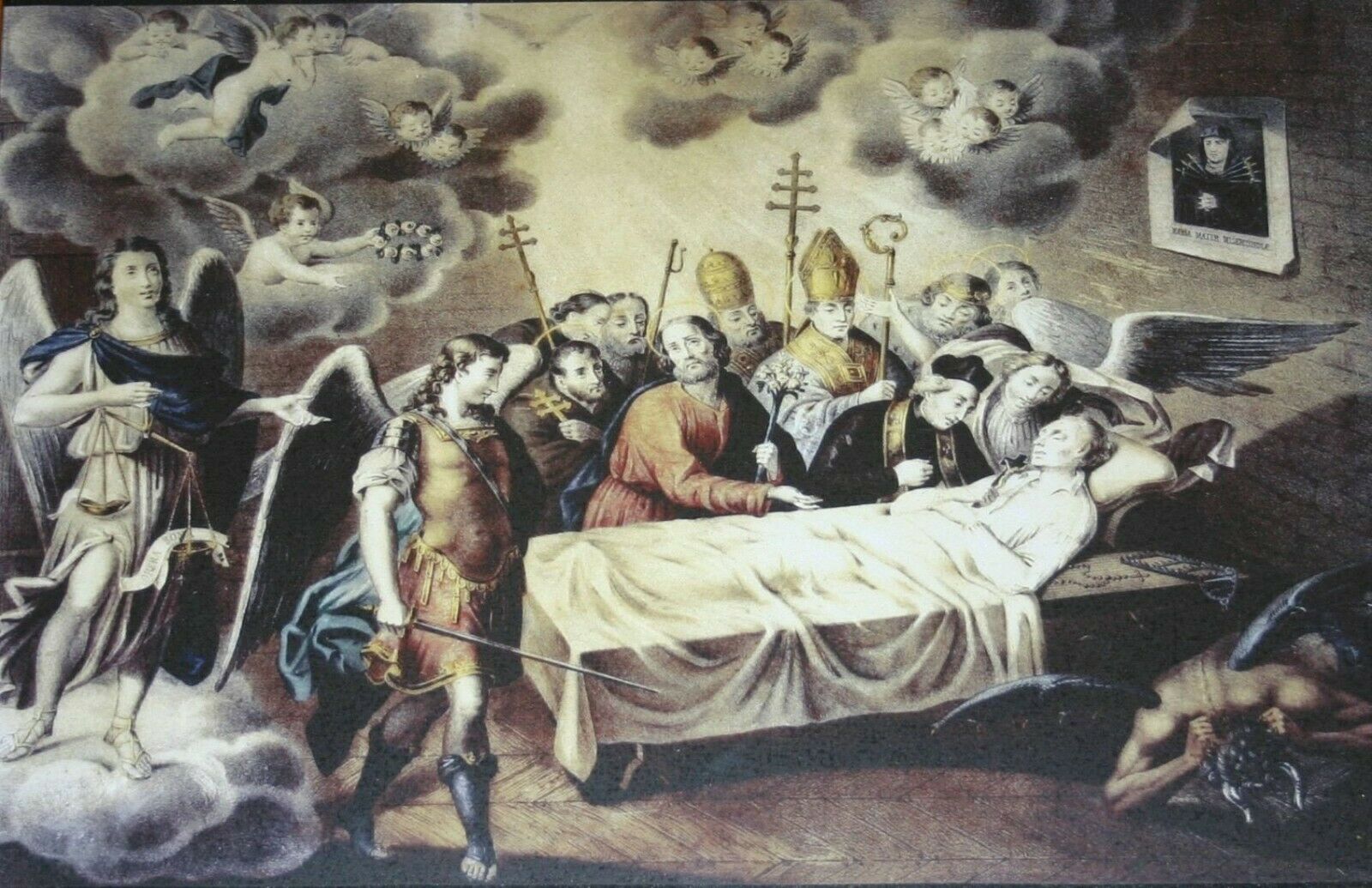 RELIGIOUS PICTURE ICON SAINT DEATH BED LAST RITE DEVIL GUARDIAN ANGEL ...