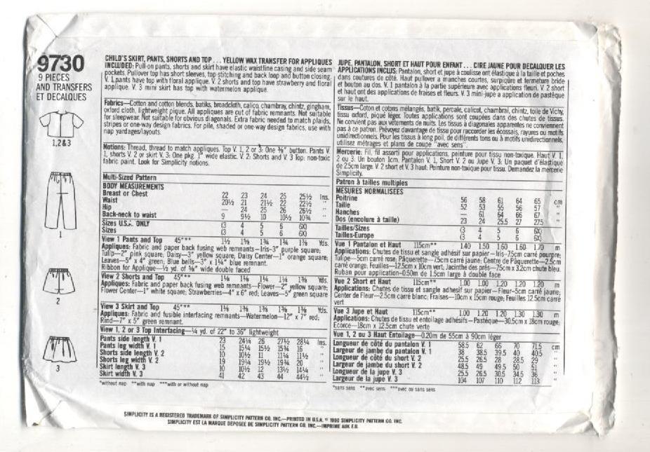 Simplicity Girls Skirt, Pants, Shorts and Top Sewing Pattern #9730 ...