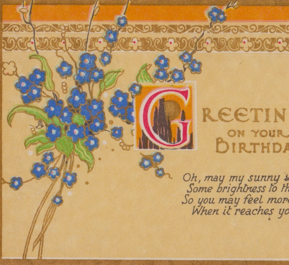 Greetings on Your Birthday, Forget-Me-Nots, Art Deco Design Vintage ...
