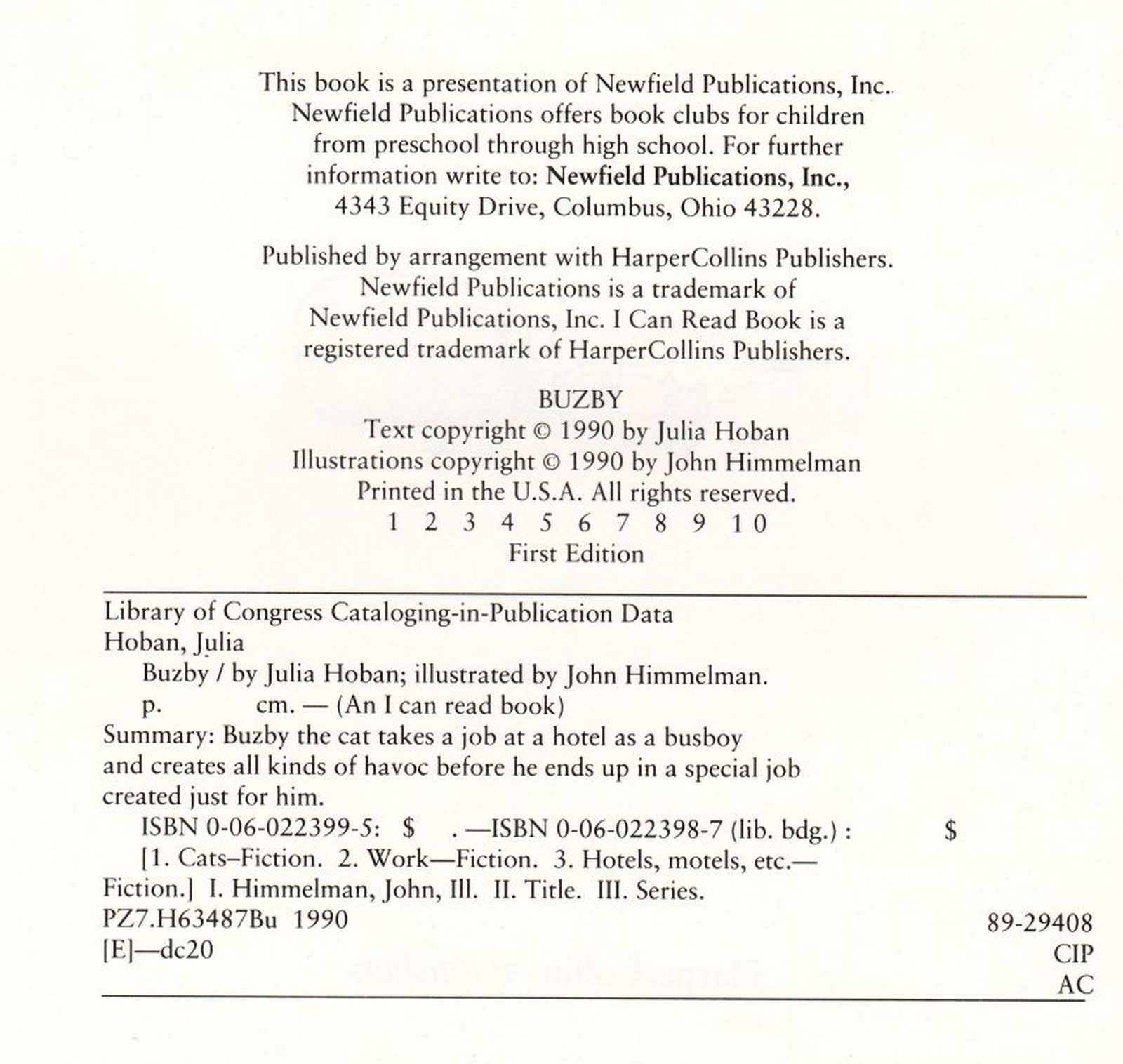 1990 Buzby The Cat Julia Hoban 1st Ed HC An I Can Read Children's Book ...