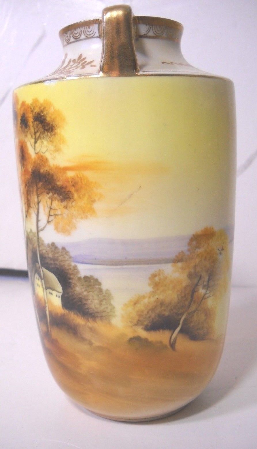 Nippon 7 inch Hand Painted Scenic Gilt Handled Vase Morimura Mark circa ...