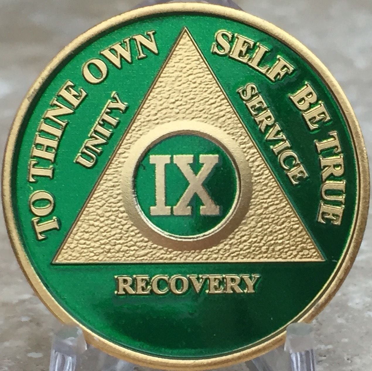 9 Year AA Medallion Green Gold Plated Alcoholics Anonymous Sobriety ...