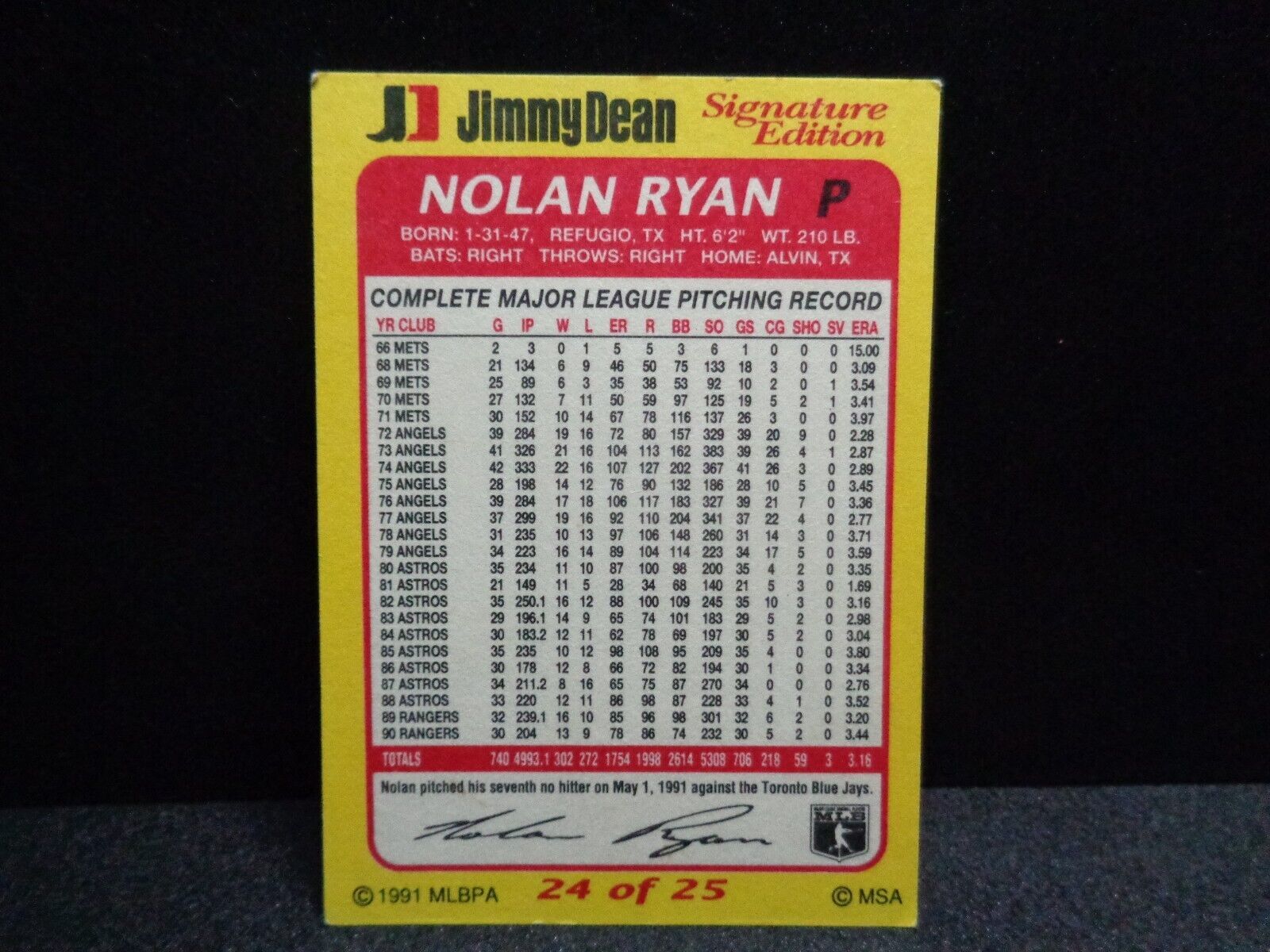 1991 Jimmy Dean Signature Edition Nolan Ryan # 24 Texas Rangers ...