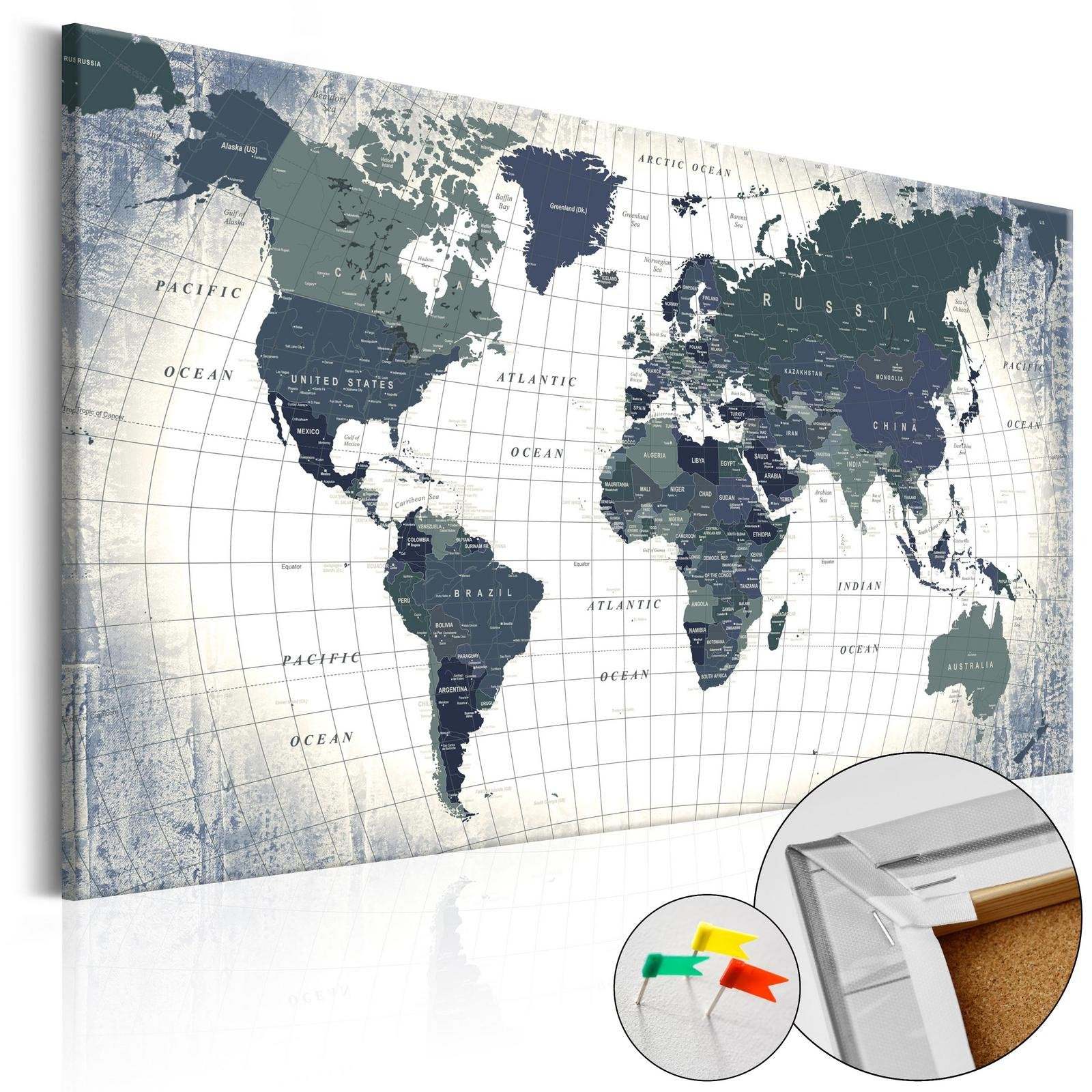 World Map Cork Pin Board -World Map In Dark Colors - Home Décor