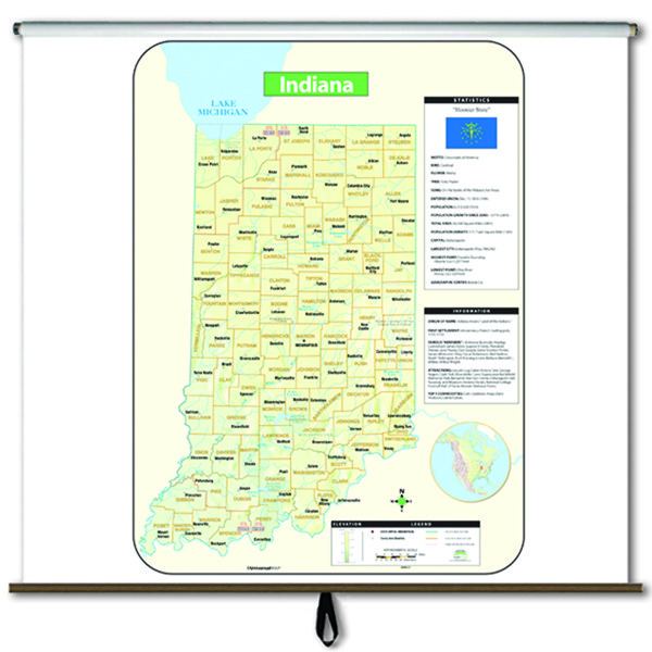 Indiana Large Scale Shaded Relief Wall Map on Roller - Maps & Atlases